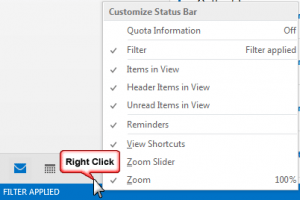 Outlook Status bar: Filter applied, no total or unread counts - Outlook Tips