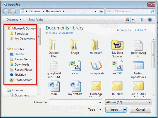 Tip 1095: Add Recent Documents link to Insert File dialog - Outlook Tips